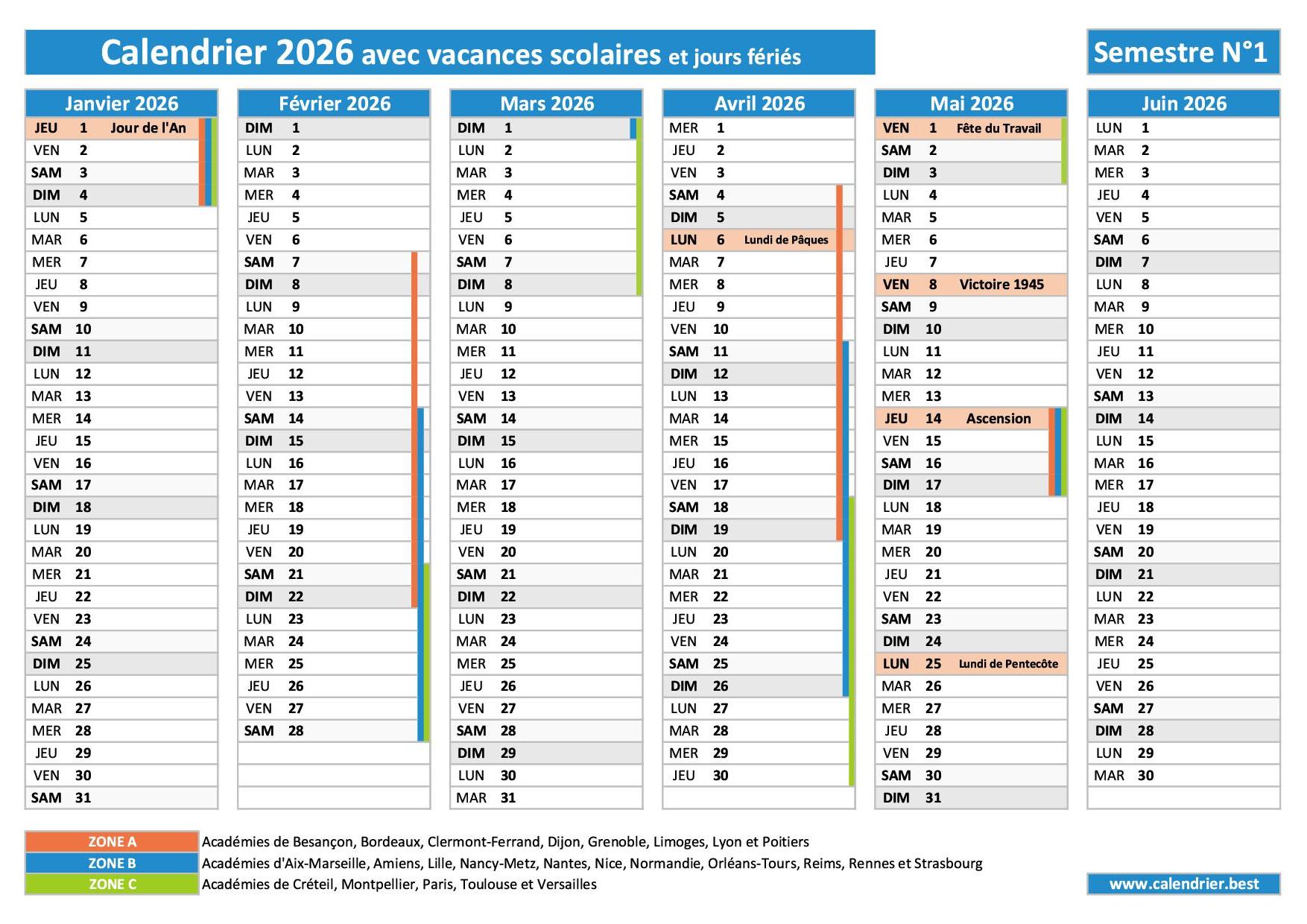  Calendrier 2026 Imprimer Vacances Scolaires Jours F ri s Et