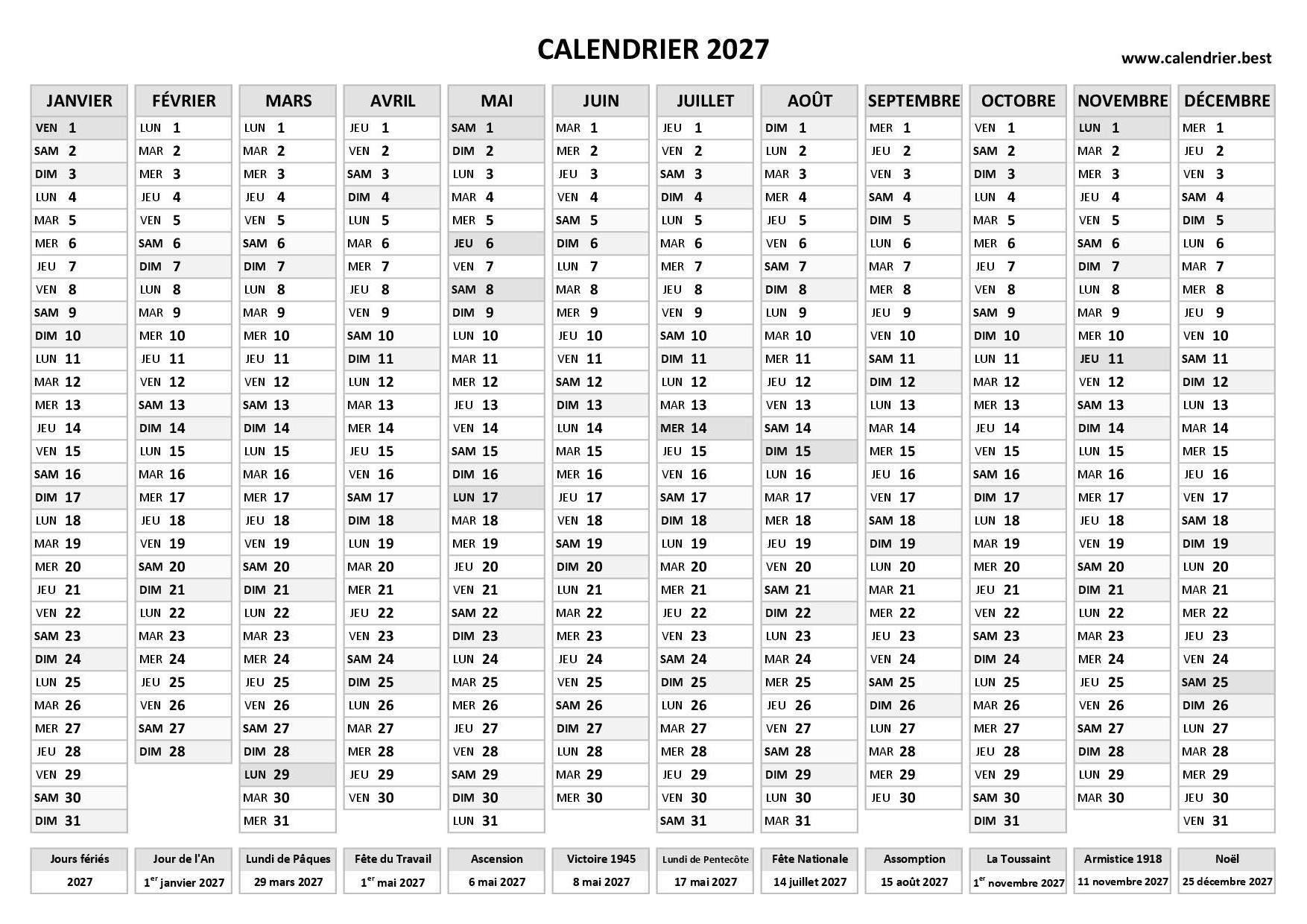 Calendrier 2027 Imprimer Calendrier 2027 Imprimer