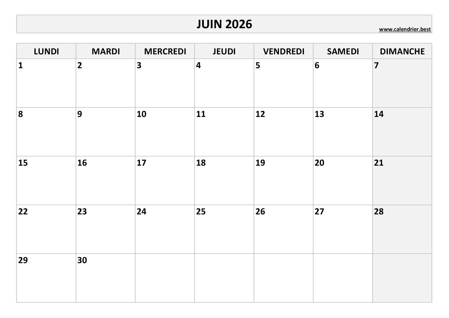 Calendrier 2026 Mensuel Imprimer